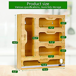 Plastic Bag Organizer for Kitchen Drawer, Bamboo Baggie Organizer and Wrap Dispenser with Cutter, Bag storage organizer Compatible with Gallon Quart Sandwich Solimo Glad Snack Variety Size Bag