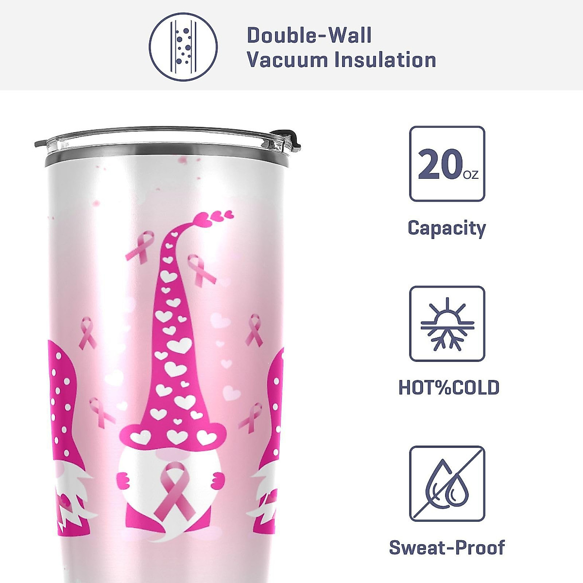Jihqo Pink Cute Gnomes Tumbler with Lid and Straw, Insulated Stainless Steel Tumbler Cup, Double Walled Travel Coffee Mug Thermal Vacuum Cups for Hot & Cold Drinks 20oz
