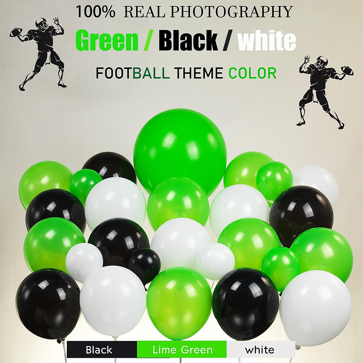 Football Balloon Garland Arch Kit 118 Pcs Green Black and White with Starburst mylar Balloons for Sports Theme Baby Shower Birthday The Big Game Party Supplies Decoration