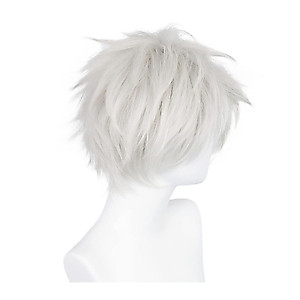 IMEYLE Silver White Wig with Bangs for Men Boys Short Straight Wig Synthetic Wig Anime Cosplay Wig for Halloween Costume Party + Wig Cap