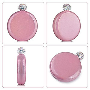 Cute Liquor Flask for Women, Junya 304 Stainless Steel,Pretty Glitter Coating Whiskey Flasks,Shining Rhinestone Cap,Portable Wine Flask for Drink Bar BBQS and Traveling,Capacity 5 oz (Pink)