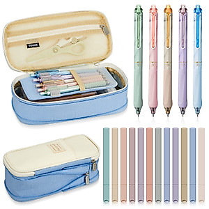 18 Pcs Aesthetic School Supplies Including Big Capacity Pen Case Bag with Zipper 12 Pcs Chisel Tip Aesthetic Cute Highlighters 5 Pcs Retractable Quick Dry Black Ink Pens(Light Blue, Fresh Style)