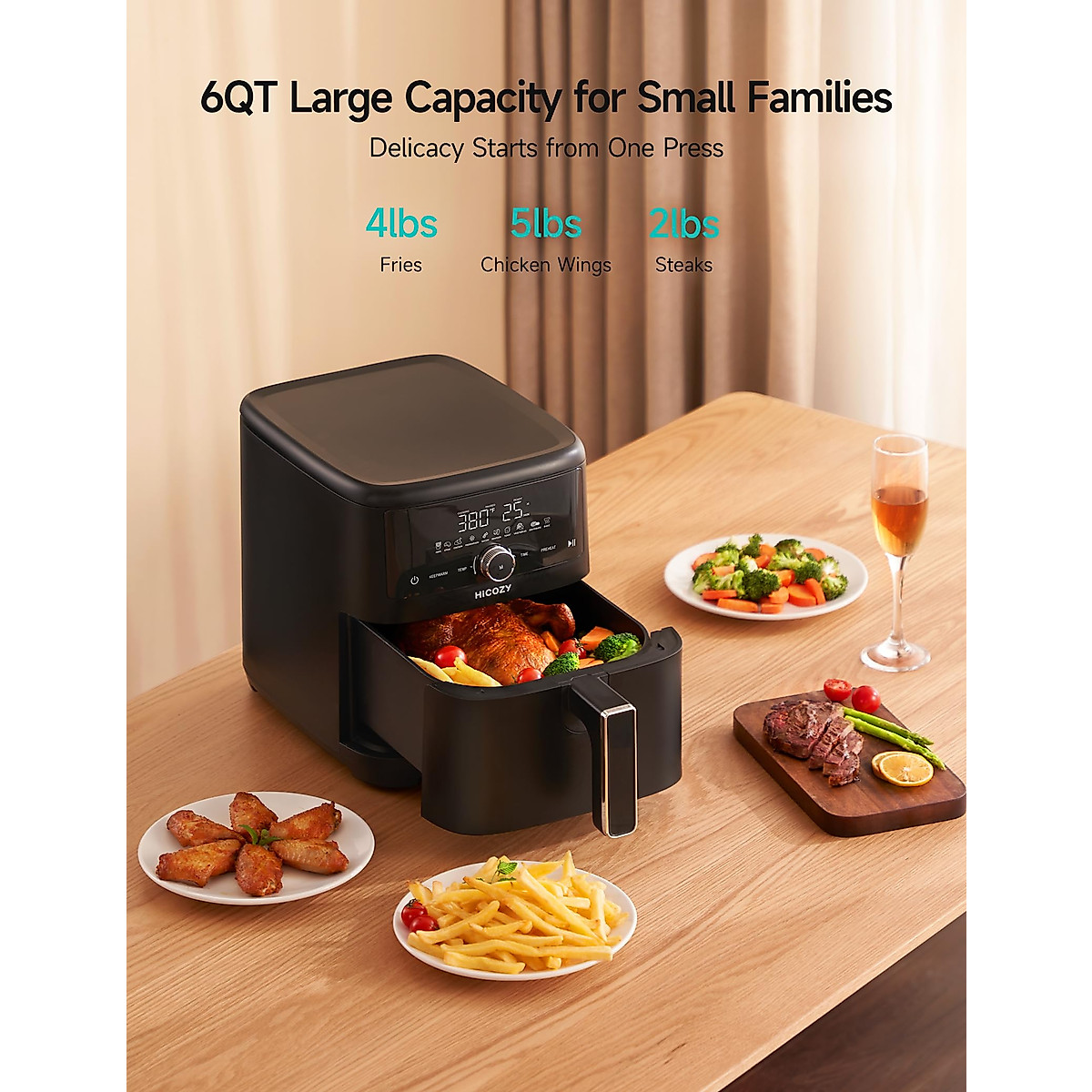 HiCOZY 10-in-1 Air Fryer, 6QT Family Size, Flash Crisp Technology, 400F for Hot & Crispy Results in Minutes, Roast, Reheat, Dehydrate & More, Black