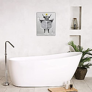 FOTRIC Highland Cow Reading Newspaper In Toilet Canvas Print Country Cow and Sunflower Wall Art Painting Bedroom Bathroom Framed Wall Decor (Wooden frame8''x10'',A)