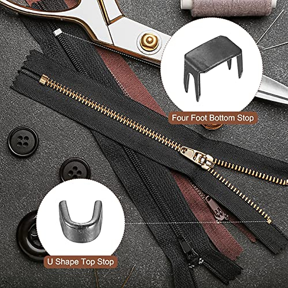 uxcell #5 Zipper Slider Retainers Kit, 200Pcs Top Stoppers & 100Pcs Bottom Stops for Bags Coats Jackets Closed-end Zippers Replacing, Metallic Black