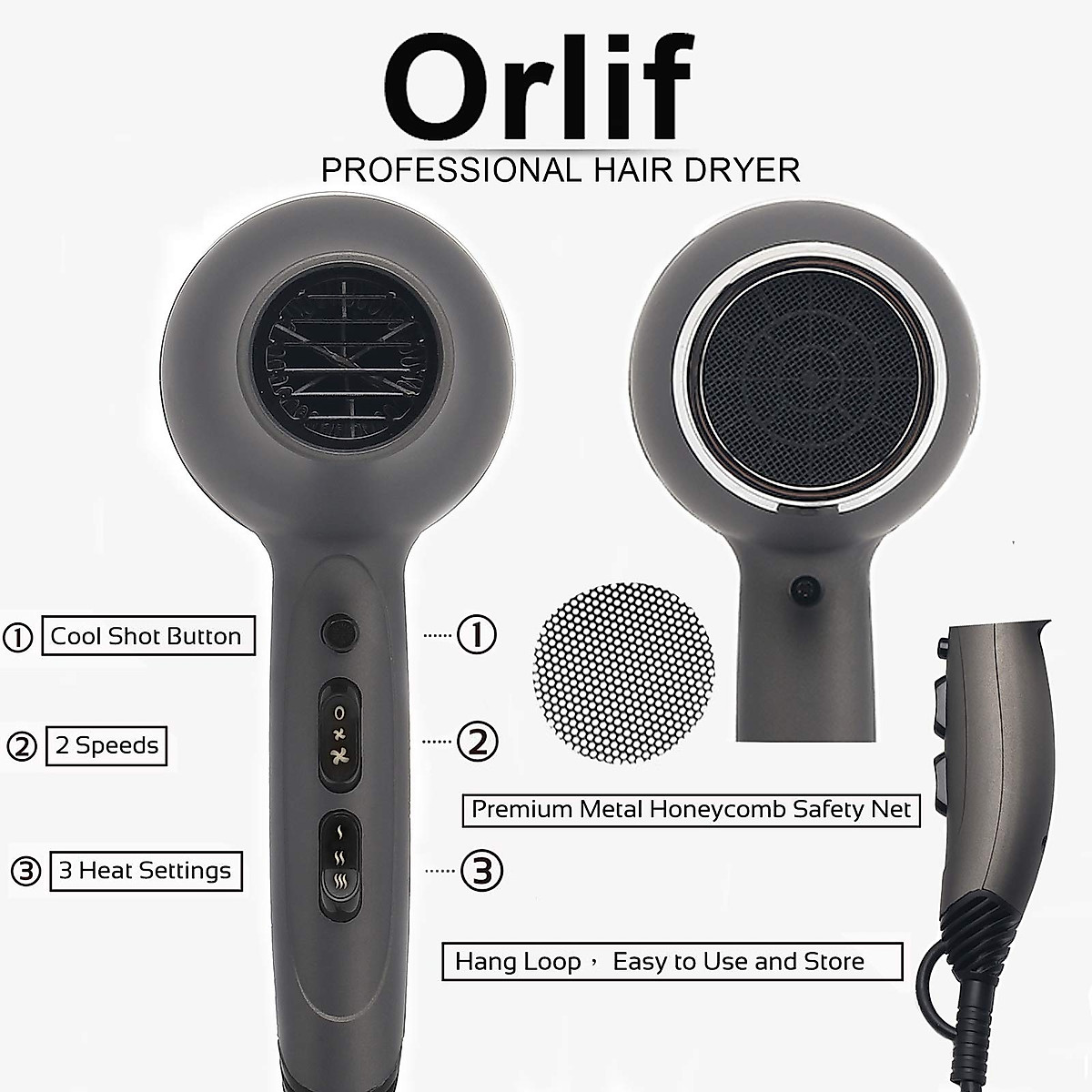 Orlif 1875W Hair Dryer，Ionic Fast Dry Noiseless Hair Blow Dryer with AC Motor，Professional Salon Hair Dryers with Diffuser，Concentrator，2 Speed and 3 Heat Settings，Cool Shot Button，Gray
