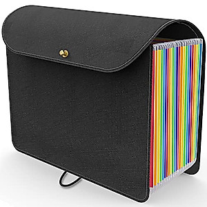 Sooez 24 Pockets Accordion File Organizer, Letter Size, Durable Leather Expanding File Folder, Paper Bill Tax Receipt Organizer, Large Capacity Document Holder with Blank Labels, Black