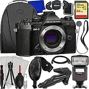 Ultimaxx Advanced OM-5 Mirrorless Camera (Black - Body Only) Bundle - Includes: 64GB Extreme Memory Card, Universal Speedlite with LED Video Light, Tabletop 6.5” Tripod & Much More (21pc Bundle)