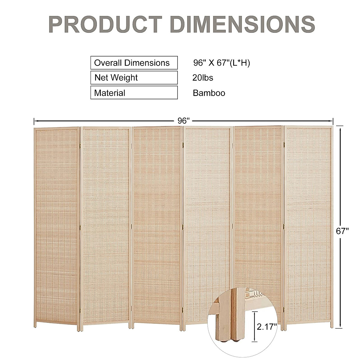 Room Divider Privacy Screen 16" Room Dividers and Folding Privacy Screens 6 Panel Room Divider Wall 5.6FT Tall Bamboo Room Divider Partitions/Separator