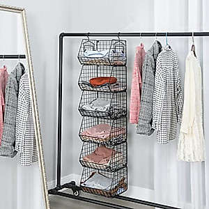 X-cosrack 6 Tier Closet Hanging Organizer, Clothes Hanging Shelves with 4 Hanging Hooks 5 S Hooks, Wire Storage Basket Bins, for Clothing Sweaters Shoes Handbags Clutches Accessories Patent Design