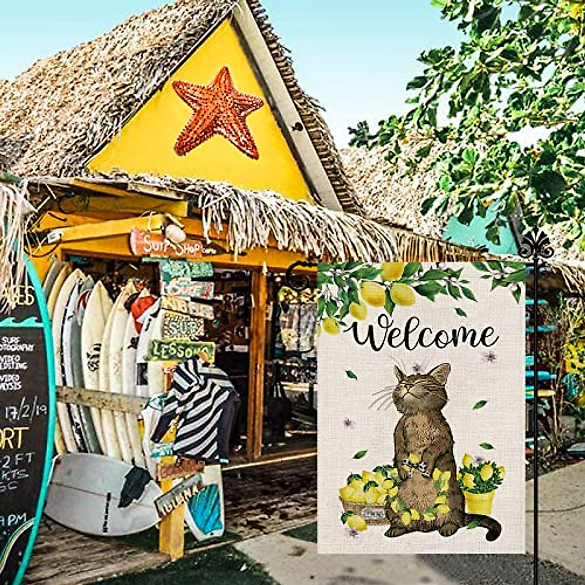 Summer Garden Flag Lemon Tree Cat Double Sided Vertical Welcome Flag Summer Home Yard Outdoor Decoration 12.5×18 Inch