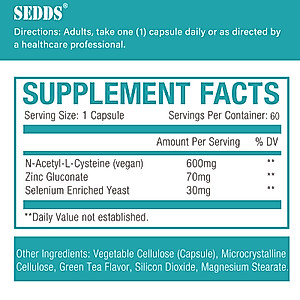 SEDDS Supplements, N-Acetyl Cysteine (NAC) 600mg, 100 Veg Capsules - Non-GMO, Gluten Free