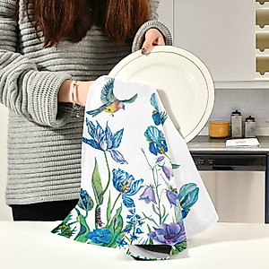 SLHKPNS Spring Blue Bird Flowers Kitchen Dish Towel Set of 4,Floral Summer Leaves 18x28in Absorbent Dishcloth Reusable Cleaning Cloths for Household Use