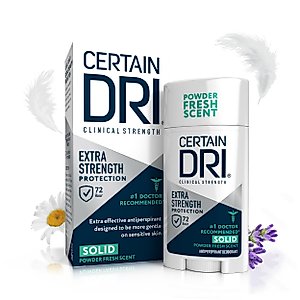 Certain Dri Extra Strength Clinical Solid Antiperspirant, Hyperhidrosis Treatment for Men & Women, Long-Lasting 72hr Protection, Effective Sweat Control, Travel Friendly, Powder Fresh Scent, 1.7oz