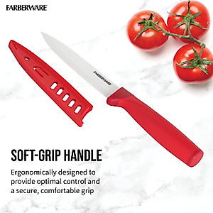 Farberware Ceramic 5-inch Utility Knife with Custom-Fit Blade Cover, Razor-Sharp Kitchen Knife with Ergonomic, Soft-Grip Handle, Dishwasher-Safe, 5-inch, Red