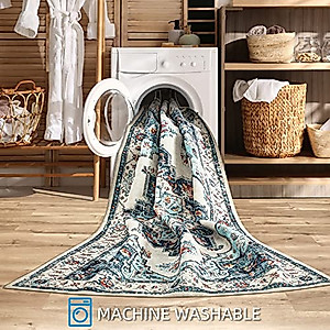 Area Rug Living Room Rugs: 8x10 Washable Large Carpet Boho Oriental Persian Distressed Bohemian Non-Slip Area Rugs for Dining Room Farmhouse Bedroom Office Home Decor Cream/Blue