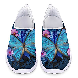 GOSTONG Blue Butterfly Print Womens Tennis Shoes Floral Trainers Summer Fashion Sneaker Comfortable Breathable Athletic Shoe Light Weight Memory Foam Mesh Shoes