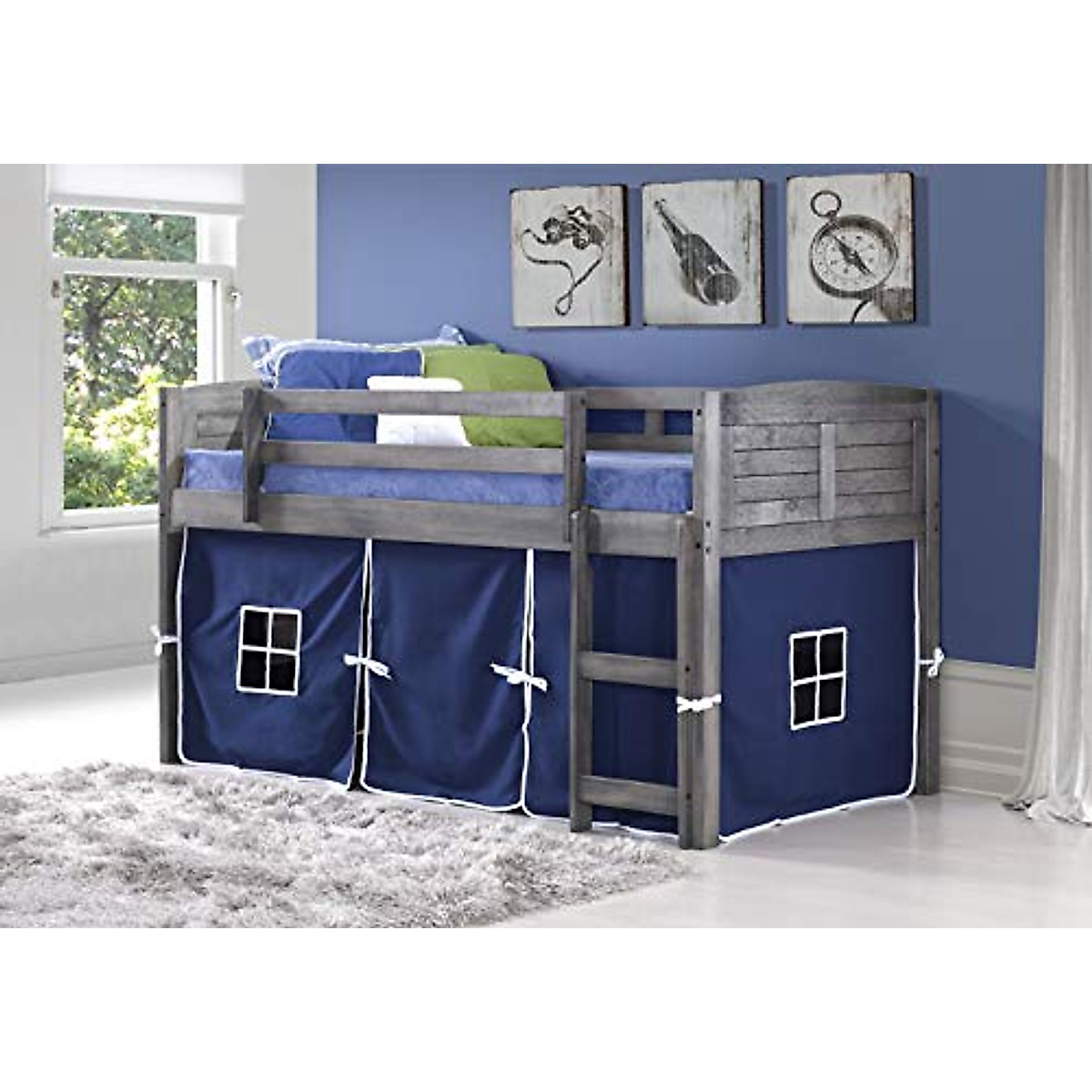 Donco Kids Louvered Low Loft with Blue Tent, Twin