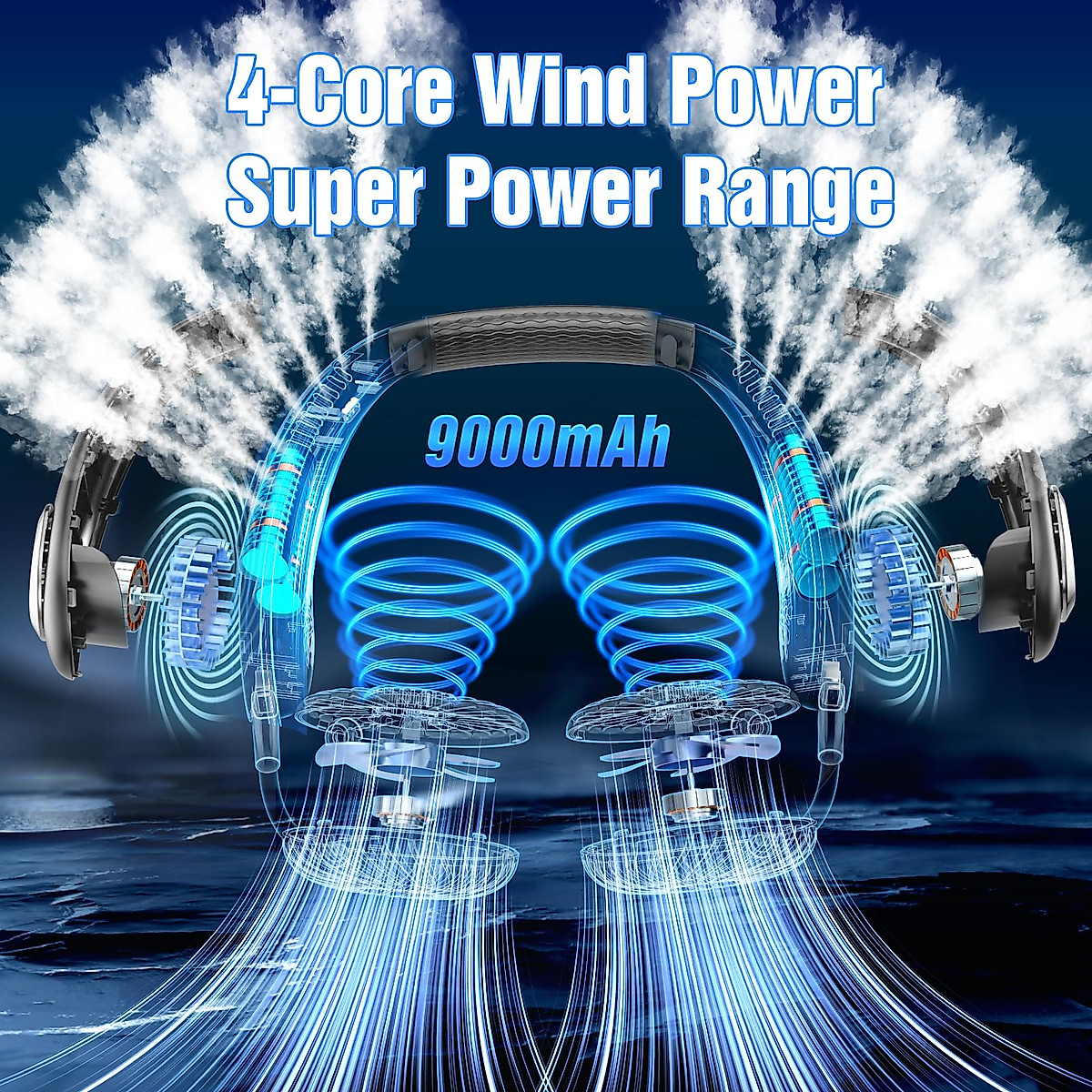 TFNN Portable Neck Fan, 9000mAh Hand Free Neck Fan, Neck Fan Air Conditioner, Bladeless Cooling Personal Neck Fan with 4 Air Outlet 3 speed for Travel, Camping, Yard Work, White