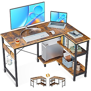 ODK 40 Inch Small L Shaped Computer Desk with Reversible Storage Shelves, Corner Desk with Monitor Stand for Small Space, Modern Simple Writing Study Table for Home Office, Rustic Brown