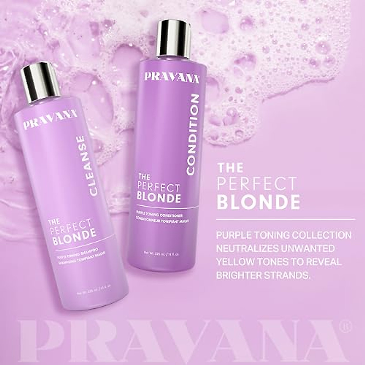 PRAVANA The Perfect Blonde Purple Toning Shampoo | Neutralizes Brassy, Yellow Tones | For Color-Treated Hair | Adds Strength, Shine, Elasticity | 33.8 Fl Oz
