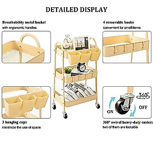 danpinera 3-Tier Rolling Cart, Metal Rolling Storage Cart with Lockable Wheels & Hanging Cups & Hooks, Mobile Trolley Cart for Kitchen, Bathroom, Office, Workshop, Yellow