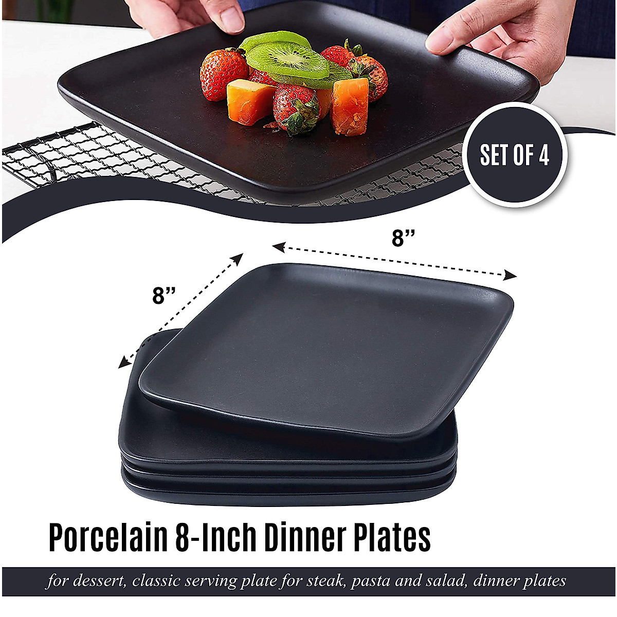 Bruntmor 8" Ceramic Appetizer Plates | Serving Platter | Set of 4, Square Black Simple Modern Ceramic Salad/Dessert Plates | Christmas Dinner Plates Set | Christmas Dinnerware or Thanksgiving