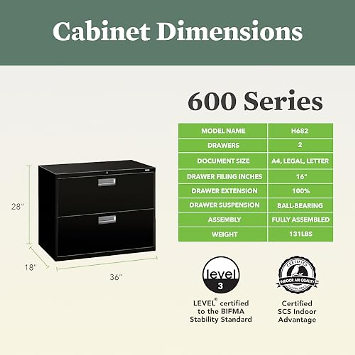 HON Brigade Lateral Legal or Letter File Cabinet, 2 Drawers, Black