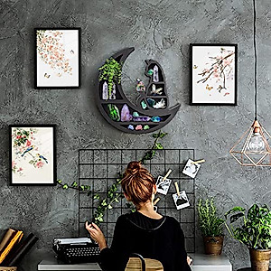 Cat on The Moon Wooden Shelf for Crystals, 14Inch Black Wall Mounted Moon Crystals Display Shelf, Crescents Moon Phase Shelf for Crystals Stone,Essential Oil,Small Plant Art,Gothic Witchy Home Decor