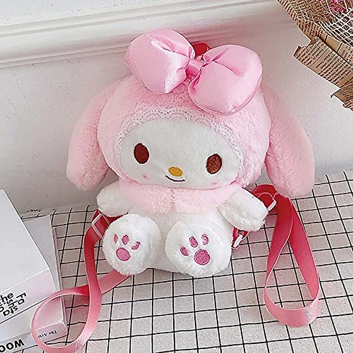 Huositi Pink and White Plush Backpack, Cute Cartoon Character Plush Doll School Bag for Kids and Girls (Pink)