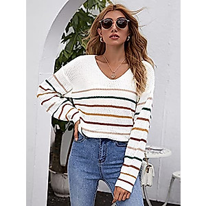 SheIn Women's V Neck Long Sleeve Sweater Drop Shoulder Striped Knitted Pullover Jumper Tops White Medium