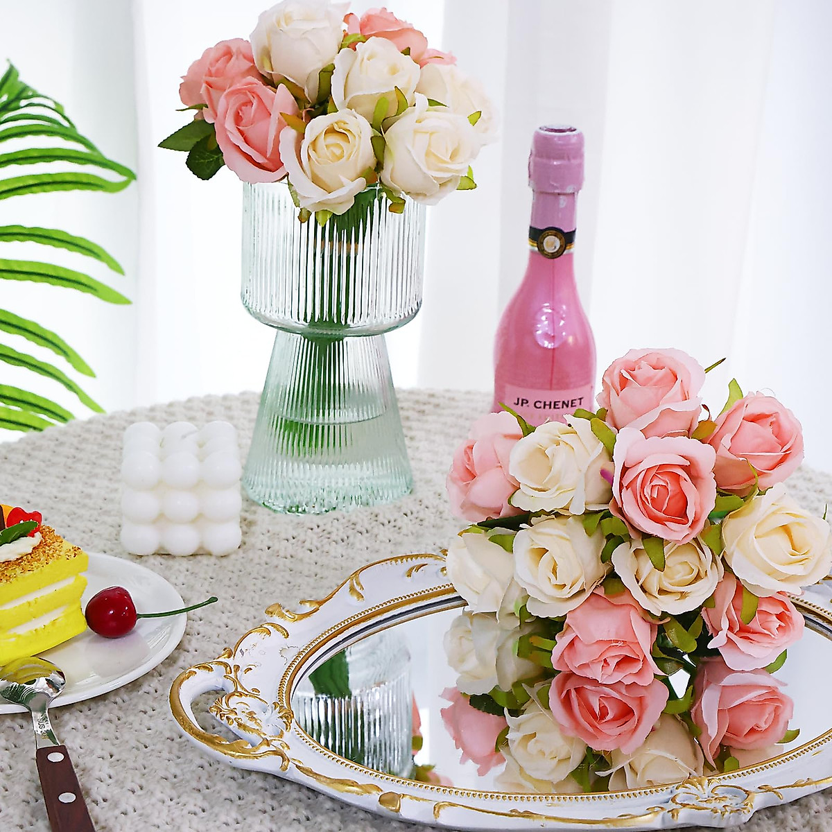 CEWOR 24 Heads Artificial Rose Flowers Bouquet Silk Flower Roses with Stems Home Bridal Wedding Party Festival Decor (2 Packs Champagne and Pink)