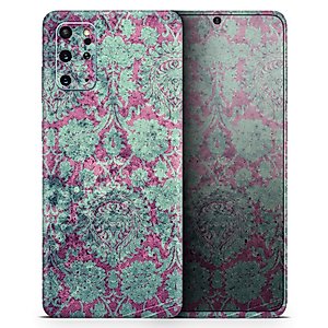 DesignSkinz Grungy Teal and Pink Damask Pattern Protective Vinyl Decal Wrap Skin Cover Compatible with The Samsung Galaxy S20 (Screen Trim & Back Glass Skin)