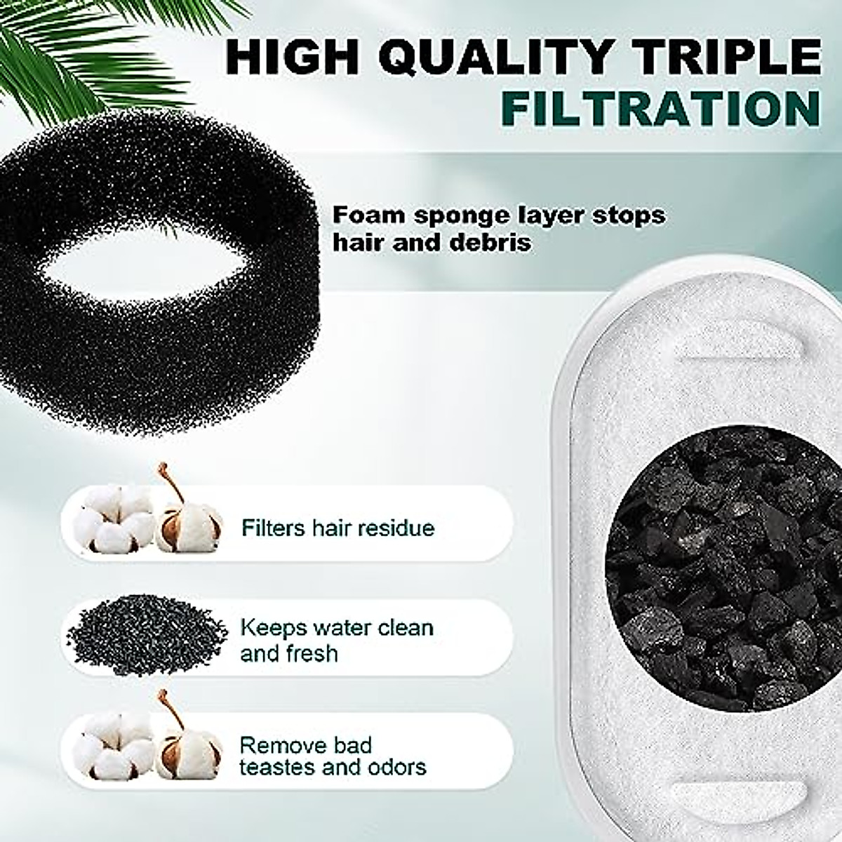 Paterr 64 Pack Cat Water Fountain Filters with 64 Sponges Pet Fountain Replacement Filters for Stainless Steel 108oz/3L, 67oz/2L Pet Fountain