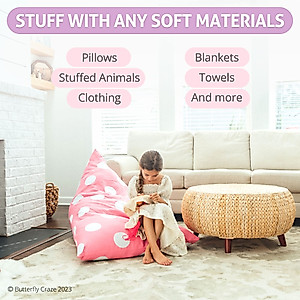 Butterfly Craze Bean Bag Chair Cover, Functional Toddler Toy Organizer, Fill with Stuffed Animals to Create a Jumbo, Comfy Floor Lounger for Boys or Girls, Stuffing Not Included, Light Pink Polka Dots