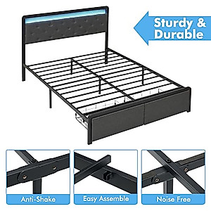 Full Size Bed Frame with 2 Storage Drawers, Button Tufted Headboard and LED Lights, Upholstered Platform Bed with Storage, Heavy Duty Metal Slats, No Box Spring Needed, Noise Free, Easy Assembly