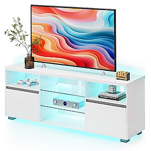 VASAGLE TV Stand with LED Lights for TVs up to 70 Inch, Entertainment Center with Open Glass Shelves, 2 Cabinets with Doors, 63-Inch Long, TV Console for Bedroom Living Room, White ULTV330T10