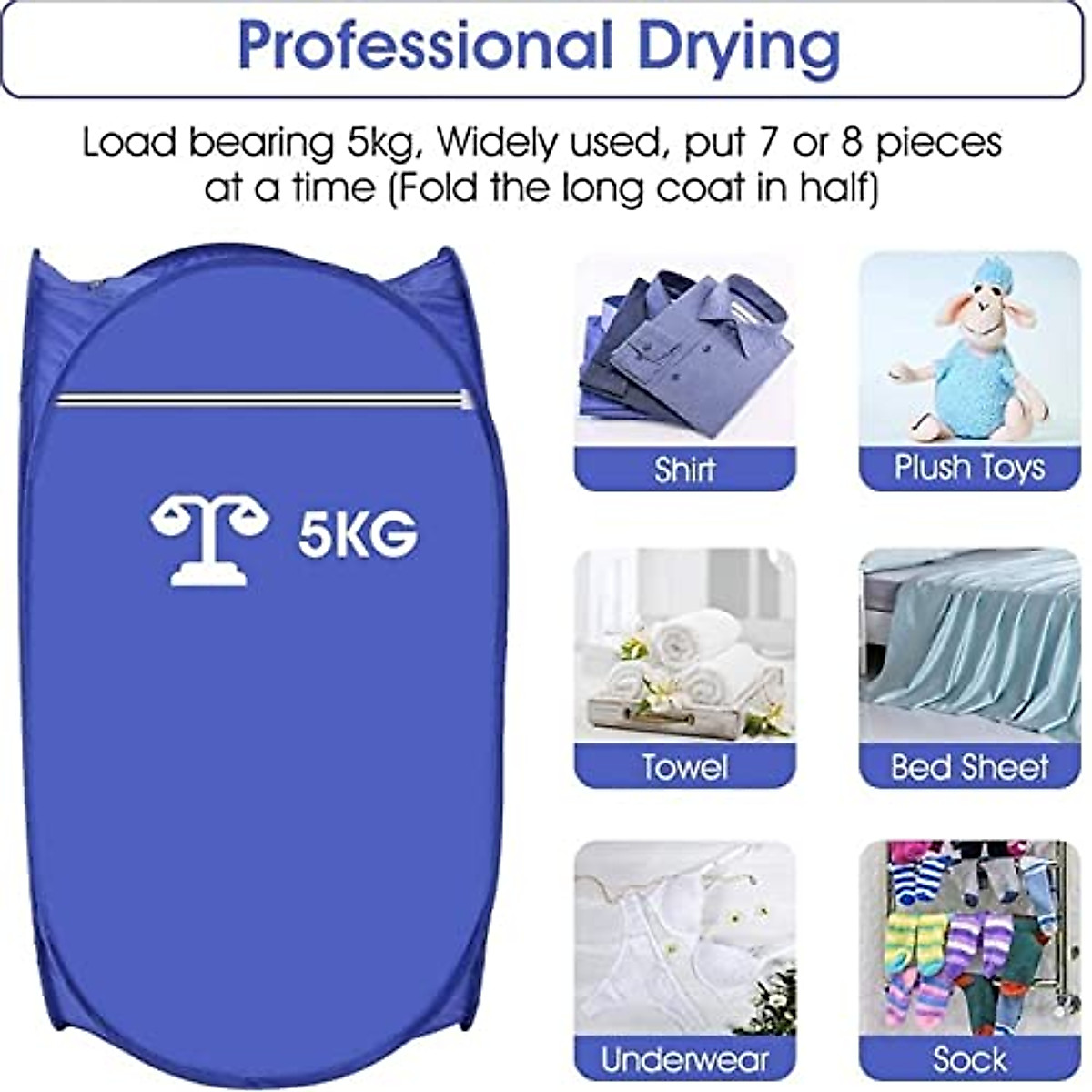 Electric Clothes Dryer, 800W Vent-less Portable Electric Air Clothing Drying Machine Fast Dryer Fold-able Fast Garment Dryer Heater for Home Dormitory Travelling 19.69 x 19.69 x 35.43inch US Plug