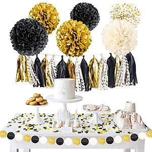 NICROLANDEE Black Gold Party Decoration, 23PCS Tissue Paper Pom Poms Kit Hanging Polka Dot Paper and Tissue Tassel for Birthday, Graduation, Wedding, New Years Decorations
