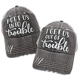 r2n fashions I get us into Trouble Out of Trouble Women's Trucker Hat Cap (I get us into Out of Trouble (2pc Set))