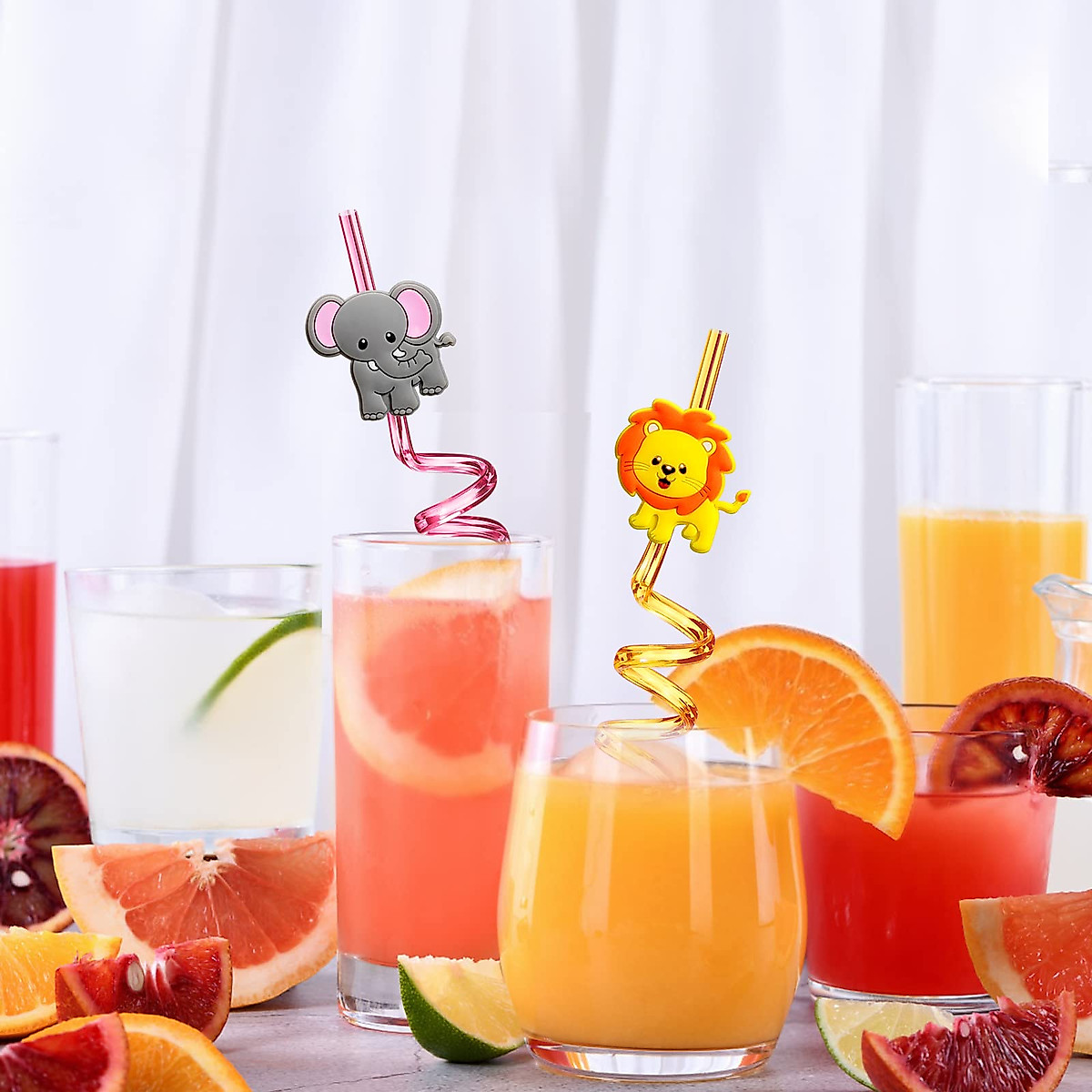 24 Reusable Jungle Animal Plastic Straws for Lion Fox Zebra Giraffe Safari Birthday Party Supplies Favors,Woodland Party Gift Favors with 2 Cleaning Brushes