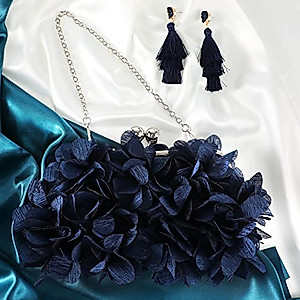 Clutch Evening Bags Satin Floral Appliques Clutch Purses Bohemian Tiered Earring for Women Prom Layered Tassel Earrings (Navy Blue)