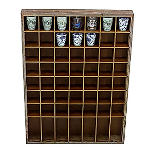 DisplayGifts Open Front Shot Glasses Display Case 56 Compartments Wall Mount Pint Glass Shadow Box Bar Collection or Small Items Display Shelving, No Cover on The Front, Rustic Brown Wood Frame