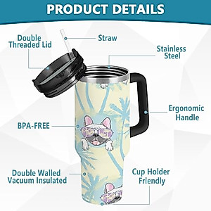 pnyoin Summer Bulldog Insulated Tumblers With Handle And Straw 30 oz Stainless Steel Tumbler Cups With Lid Leakproof BPA-Free Water Bottle,Cup Holder Compatible for Travel