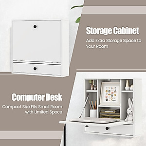 IFANNY Folding Wall Desk, Wood Wall Mounted Desk with Storage Drawer and Shelves, Fold Down Wall Mount Laptop Desk, Corner Floating Desk for Small Spaces (White)