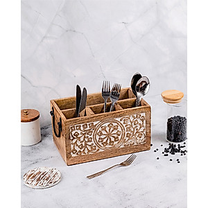 Mie Creations 4 Compartment Wooden Silverware Caddy Utensil Holder, Farmhouse Cutlery Flatware Organizer, Decorative Wood Caddy with Metal Handles for Kitchen Countertop, Picnic, Buffet Party- White