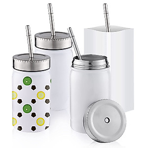 4 Pack Sublimation Blanks Tumbler (& Preparation kit Incl 4 Stainless Steel tumblers with lids, Metal Straws, x4 Sublimation Shrink wrap & Tape. for hot or Cold Beverages (170z Mason Jar)