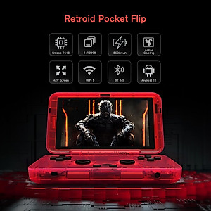 retroid Flip Android 11 retro gaming handheld with 8-core processor, fast graphics, 4GB RAM, 128GB storage, 4.7" touchscreen, and excellent controls/connectivity. With HDMI out, Wi-Fi & BT [16BIT-US]