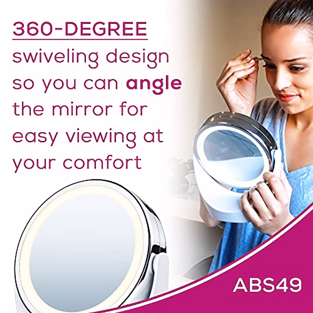 5x Magnifying Double-Sided Cosmetic Vanity Makeup Mirror Illuminated LED Lights, 360° Degree Swivel Rotation, On/Off Button, Chrome Finish, Cordless, Batteries Included, ABS49