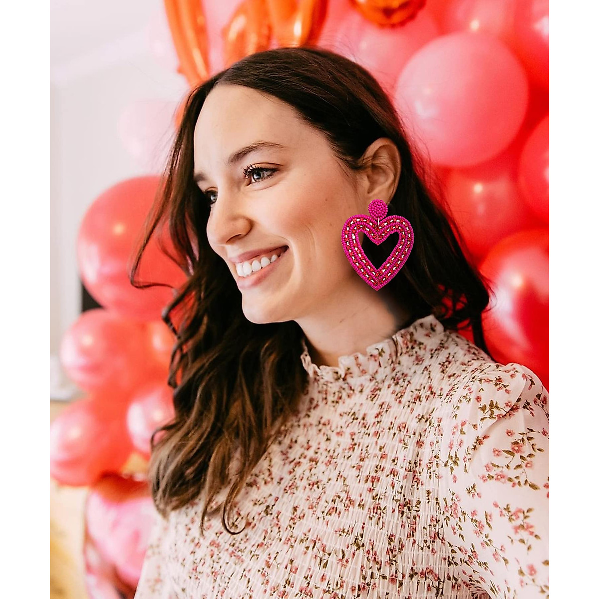 XOCARTIGE Valentine’s Day Earrings for women Heart Dangle Drop Earrings Red Beaded Earrings Romantic Sparkling Rhinestone Handmade Gift Earrings (Rose Red)